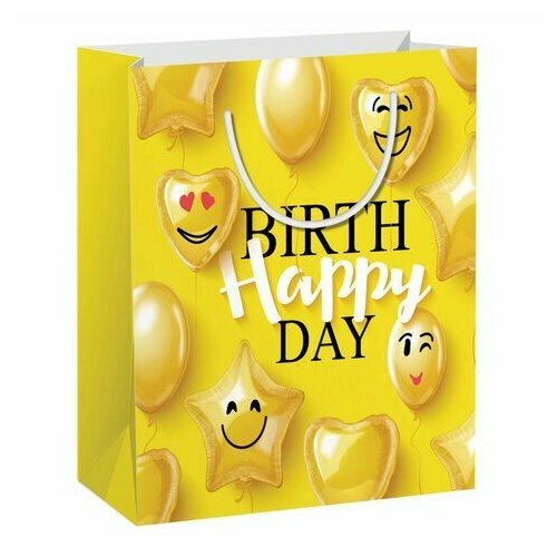 Пакет подарочный (1 штука) 11x6x15 см, золотая сказка "Happy Birthday", глиттер, желтый, 608237