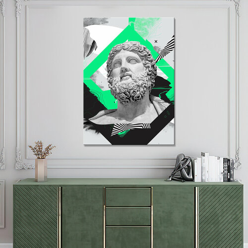 Картина интерьерная - Античная скульптура мужчины зелёные узоры 50х70