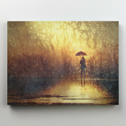 Интерьерная картина на холсте "Акварельная живопись - одинокая девушка в дождливый день" размер 40x30 см