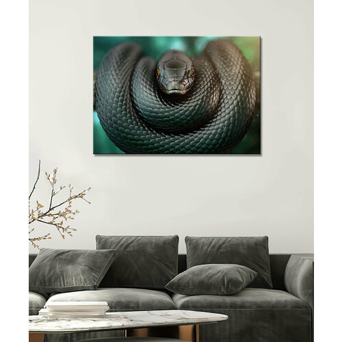 Картина - змея, чёрная мамба, чёрная змея, арт, ядовитая змея, большая змея, кожа змеи (12) 20х30