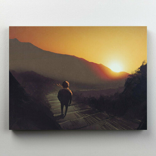 Интерьерная картина на холсте "Человек спускается по горной лестнице на закате" размер 60x45 см