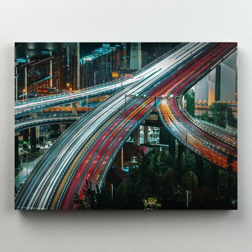 Интерьерная картина на холсте "Автомобили, едущие по городскому шоссе вечером" размер 40x30 см