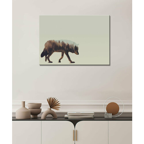 Картина - волк, серый волк, минимализм, волк арт, волк с лесом 30х40