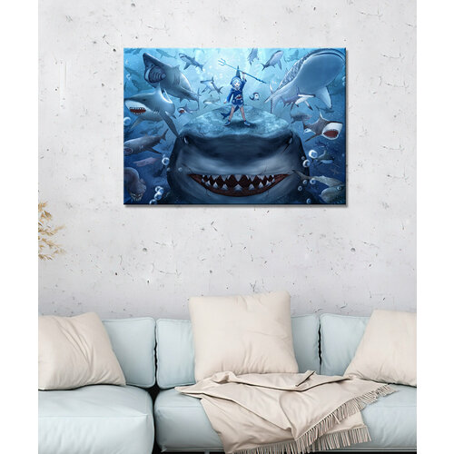 Картина -Акула, акула арт, акула рисунок, злая акула, пасть акулы (6) 30х40