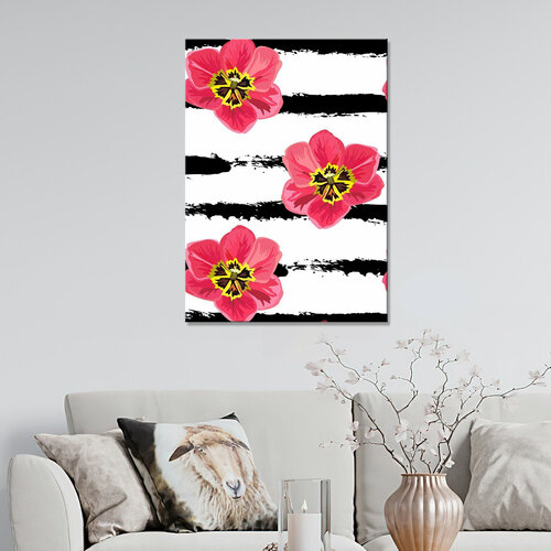Картина интерьерная-Розовые тюльпаны чёрно-белые полосы плакат 20х30