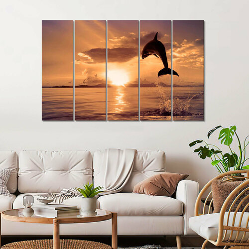 Модульная картина/Модульная картина на холсте/Модульная картина в подарок/дельфин на закате-dolphin at sunset 150х100