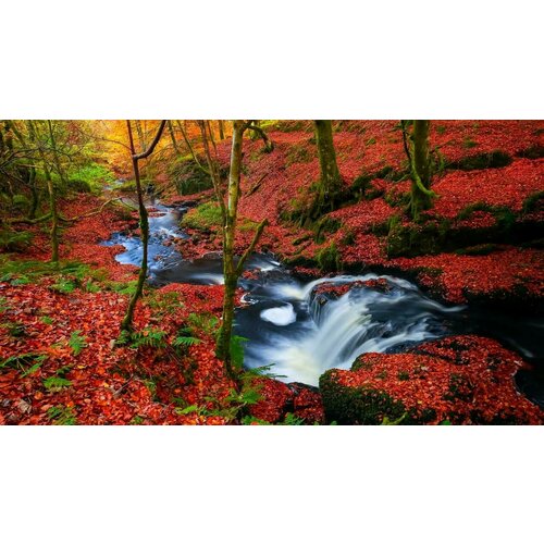 Картина на холсте 60x110 Альянс Лес "Осень лес водопад" на подрамнике / интерьер/ декор