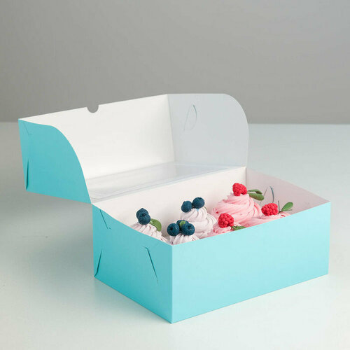 Коробка на 6 капкейков с окном, голубая, 25 х 17 х 10 см (комплект из 15 шт)