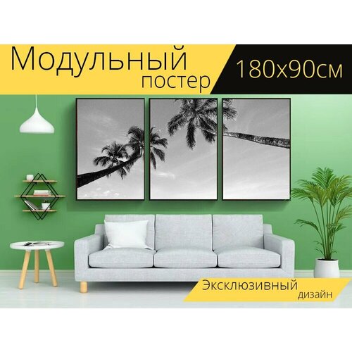 Модульный постер "Кокосовое дерево, море, черно белое изображение" 180 x 90 см. для интерьера