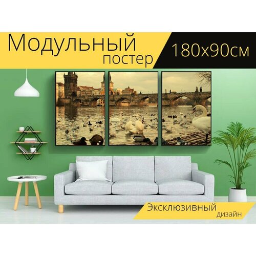 Модульный постер "Прага, река, птицы" 180 x 90 см. для интерьера