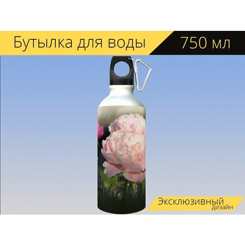 Бутылка фляга для воды "Пионы, букет цветов, розовый" 750 мл. с карабином и принтом