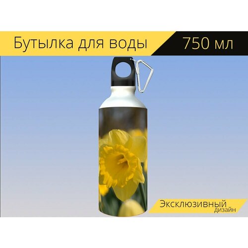 Бутылка фляга для воды "Пасхальный колокол, желтый, цветок" 750 мл. с карабином и принтом