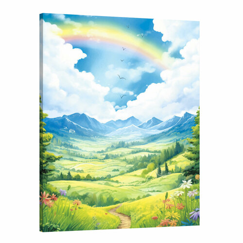 Интерьерная картина 50х70 "Пейзаж с горами, облаками и радугой"