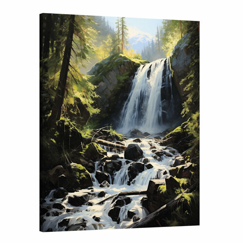Интерьерная картина 50х70 "Пейзаж с водопадом и тропинкой в лесу"