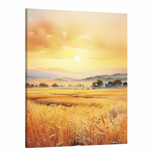 Интерьерная картина 50х70 "Пейзаж с полями под золотым солнцем"