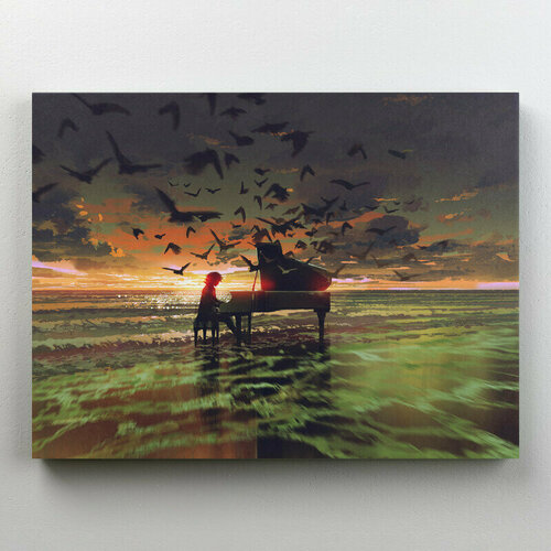 Интерьерная картина на холсте "Музыкант играет на пианино на пляже на закате" размер 30x22 см