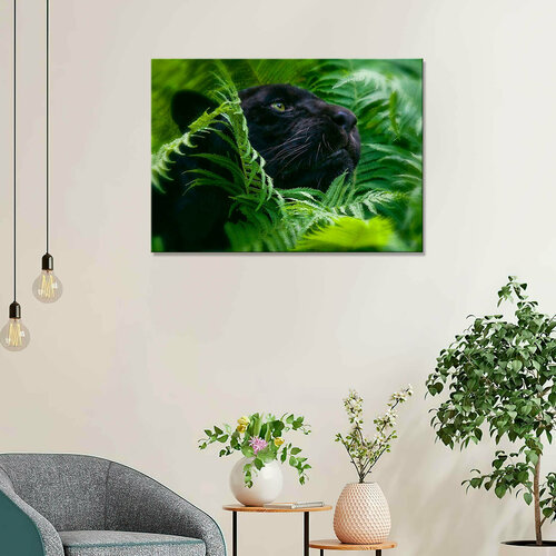 Интерьерная картина на холсте - чёрная пантера в зелени 50х70