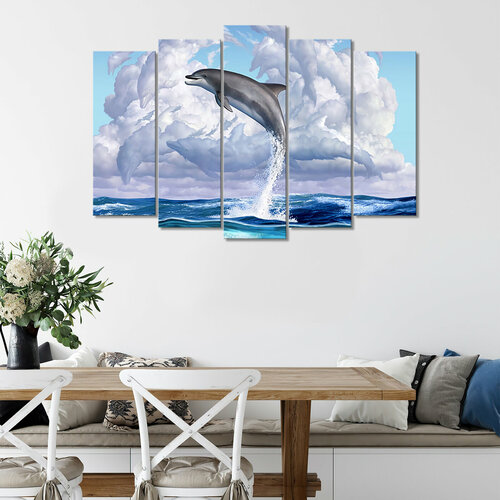 Модульная картина/Модульная картина на холсте/Модульная картина в подарок/ Дельфин в небе/Dolphin in the sky 125х85