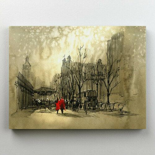 Интерьерная картина на холсте "Скетч в стиле минимализм - монохромный город и влюбленные в красном" размер 30x22 см