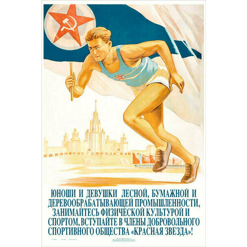 Плакат, постер на холсте СССР/ Юноши и девушки лесной, бумажной и деревообрабатывающей промышленности, занимайтесь физической. Размер 21 на 30 см