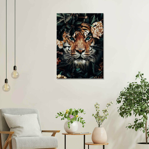 Интерьерная картина на холсте - тигр в пионах 60х80