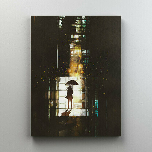 Интерьерная картина на холсте "Силуэт женщины с зонтиком, стоящей у окна" размер 30x40 см