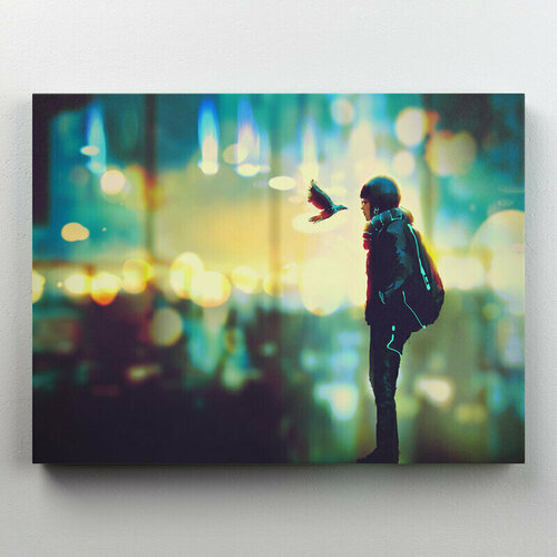Интерьерная картина на холсте "Арт - девушка и колибри" размер 60x45 см