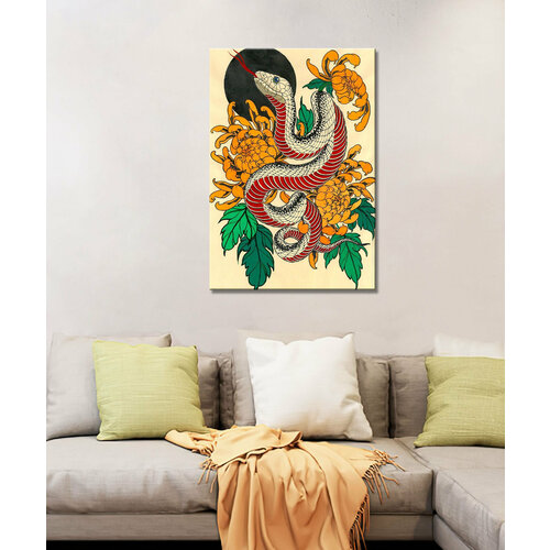 Картина - змея, арт, белая змея, змея на светлом фоне, змея в цветах (106) 20х30