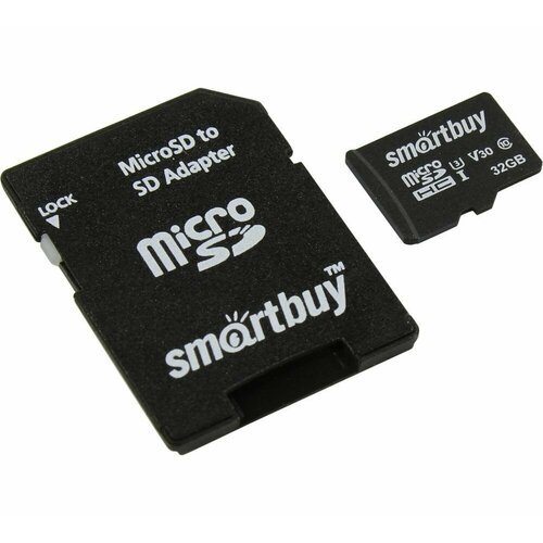 Карта памяти SmartBuy microSDHC 32 ГБ Class 10, V30, UHS Class 3, R/W 95/60 МБ/с, адаптер на SD, черный