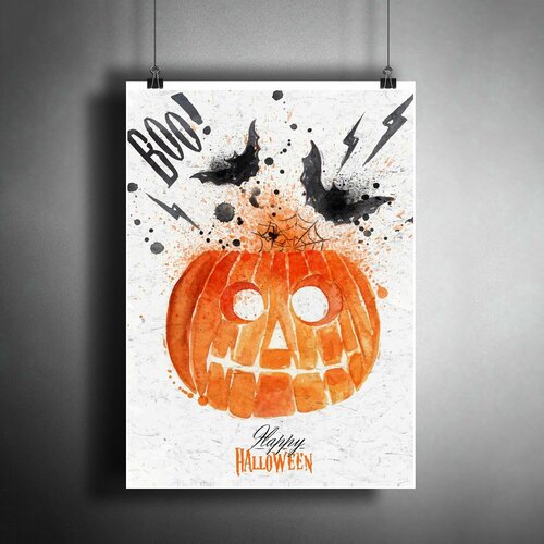 Постер плакат для интерьера "Подарок на вечеринку Хэллоуин. Тыква. Happy Halloween" / Декор дома, офиса, комнаты, квартиры, детской A3 (297 x 420 мм)