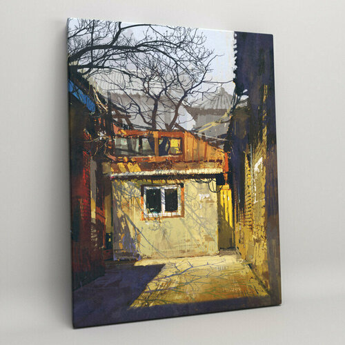 Картина на холсте (интерьерный постер) "Старый дом в китайском квартале", с деревянным подрамником, размер 22x30 см