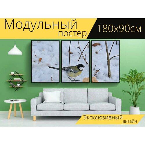 Модульный постер "Большая синица, снег, еда" 180 x 90 см. для интерьера