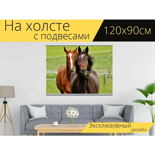 Картина на холсте "Лошади, вдвоем, связь" с подвесами 120х90 см. для интерьера
