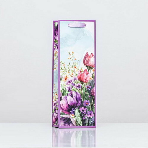Пакет ламинированный под бутылку "Акварельные цветы",13 x 36 x 10 см