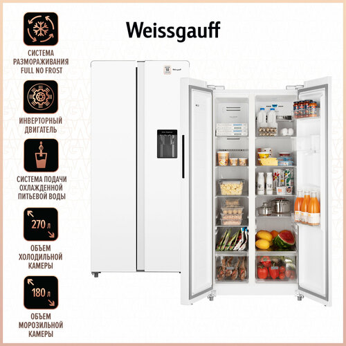 Отдельностоящий холодильник с инвертором и подачей воды Weissgauff WSBS 600 W NoFrost Inverter Water Dispenser