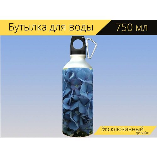 Бутылка фляга для воды "Цветы, гортензия, букет" 750 мл. с карабином и принтом