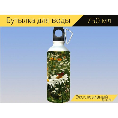 Бутылка фляга для воды "Цветник, ромашки, бабочка" 750 мл. с карабином и принтом