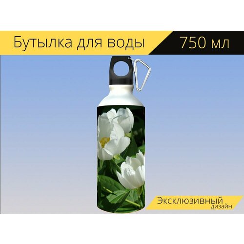 Бутылка фляга для воды "Пионы, цветы, белые" 750 мл. с карабином и принтом