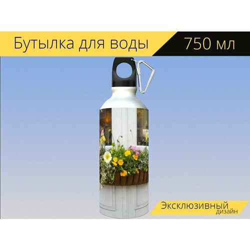 Бутылка фляга для воды "Оконная рама, цветы, окно" 750 мл. с карабином и принтом