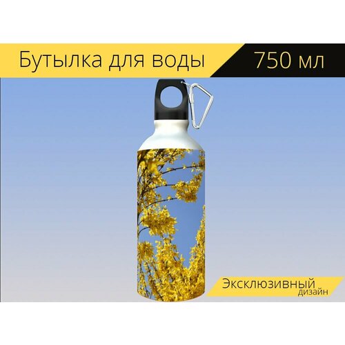Бутылка фляга для воды "Форсайтия, природа, желтый" 750 мл. с карабином и принтом