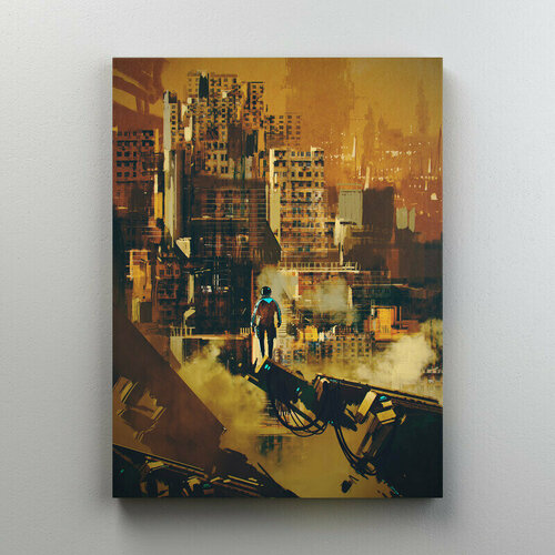 Интерьерная картина на холсте "Человек, стоящий на футуристическом городе" размер 30x40 см