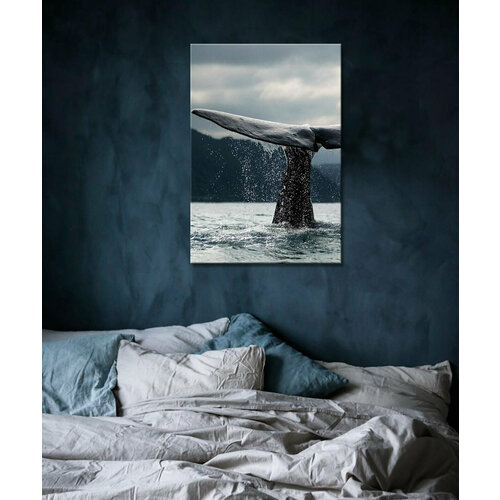 Картина на холсте для интерьера на стену - Хвост синего кита, синий кит, вода 20х30