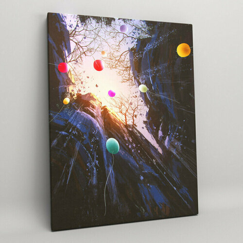 Картина на холсте (интерьерный постер) "Полет шариков среди скал", с деревянным подрамником, размер 22x30 см
