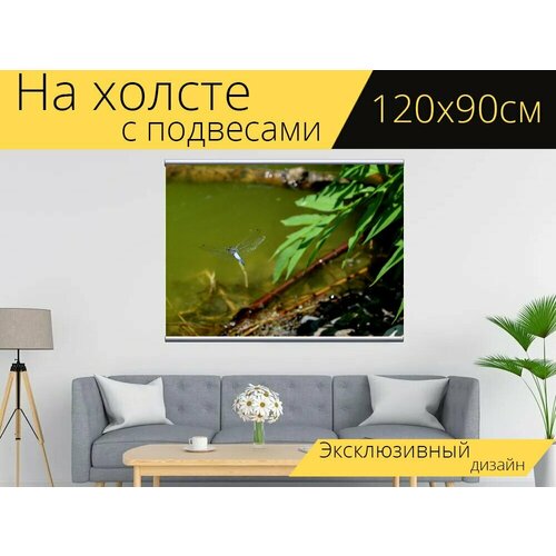 Картина на холсте "Стрекоза, озеро, грин" с подвесами 120х90 см. для интерьера