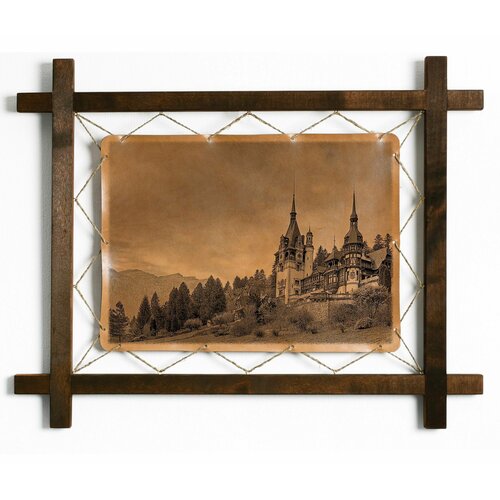 Картина Замок Пелеш, Румыния, гравировка на натуральной коже, в деревянной раме, подарок, BoomGift