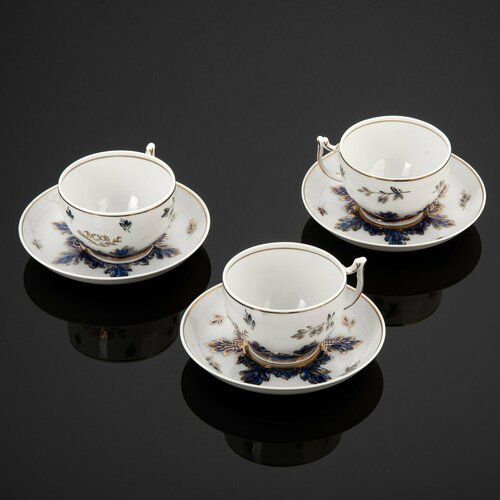 Набор из 3 чайных пар из сервиза "Барбарис" (синий) "всхв", фарфор, роспись