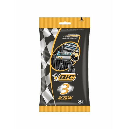 BIC Бритва мужская одноразовая, 3 лезвия, увлажняющая полоска с алоэ вера, BIC 3 Action, уп. 8 шт.