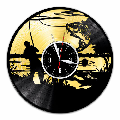 Рыбалка - настенные часы из виниловой пластинки (с золотой подложкой)