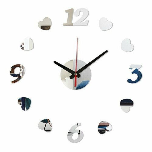 SUI Часы-наклейка, серия: DIY, "Сердечки", плавный ход, d-40 см, серебро