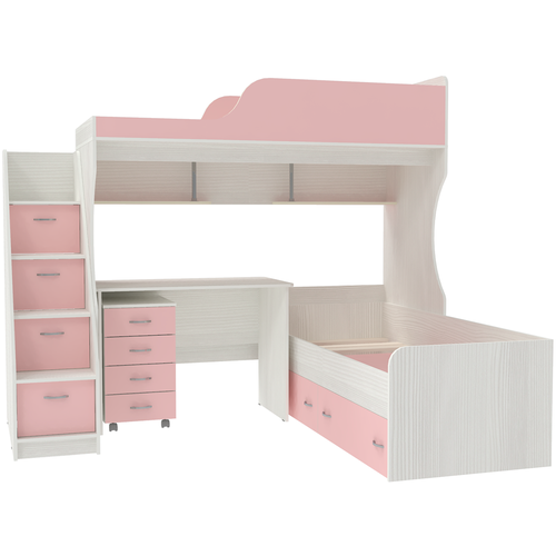 Двухъярусная кровать Дуэт-5 с лестницей комодом Белое Дерево Розовый